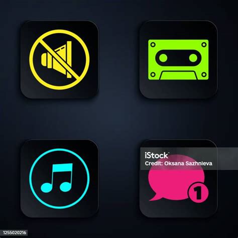 음성 버블 채팅 스피커 음소거 음악 노트 톤 및 복고풍 오디오 카세트 테이프를 설정합니다 검은 색 사각형 버튼 벡터 0명에 대한 스톡 벡터 아트 및 기타 이미지 Istock