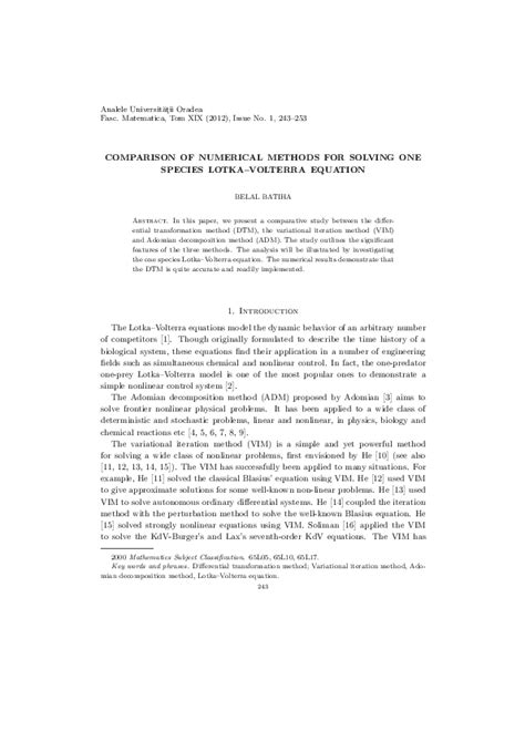 Pdf Comparison Of Numerical Methods For Solving One Species Lotka{volterra Equation