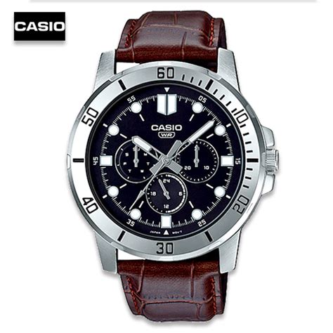 Velashop นาฬิกาข้อมือผู้ชายคาสิโอ Casio สายหนังสีน้ำตาล หน้าปัดดำ รุ่น Mtp Vd300l 1eudf Mtp