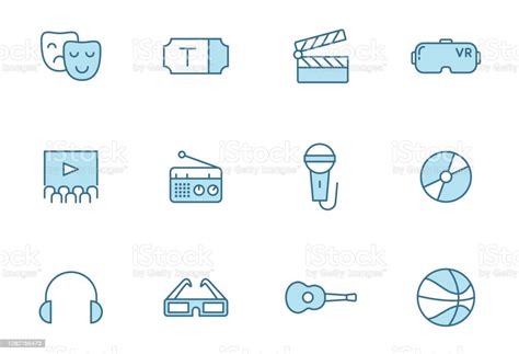 흰색 배경에 격리된 두 색상의 엔터테인먼트 선형 벡터 아이콘입니다 웹 디자인 Ui 모바일 앱 및 인쇄를 위한 엔터테인먼트 블루 아이콘 세트 0명에 대한 스톡 벡터 아트 및