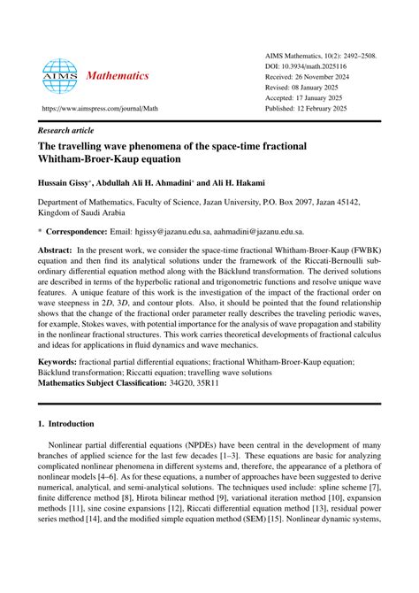 Pdf The Travelling Wave Phenomena Of The Space Time Fractional Whitham Broer Kaup Equation