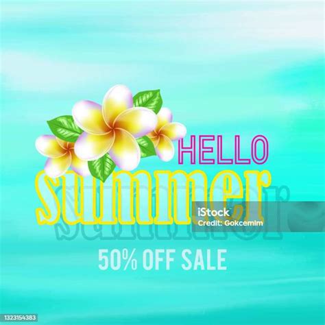 맑은 푸른 물에 떠있는 열대 프랑지파니 꽃 비문 안녕하세요 여름 아름다운 전단지 사실적인 열대 요소와 여름 장식 열대 국가에서 계절 휴가의 개념 여름에 대한 스톡 벡터 아트