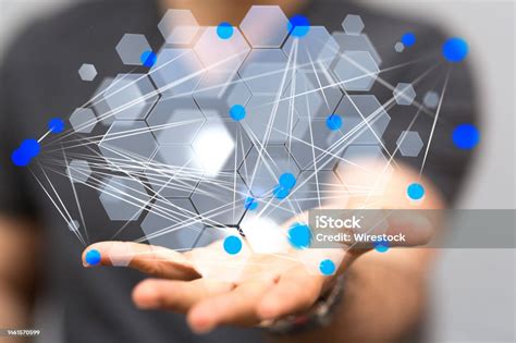 사업가의 손바닥에 상호 연결된 점의 3d 렌더링 홀로그램 네트워크 개념 3차원 형태에 대한 스톡 사진 및 기타 이미지 3차원