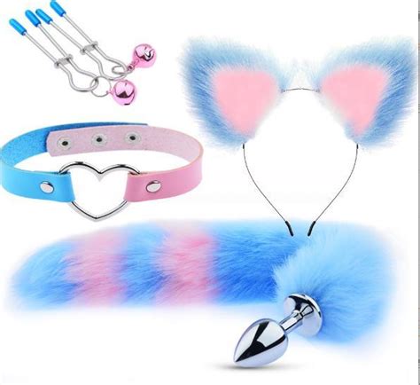 Pink And Blue Fox Cosplay 3 Pcs Set Hair Clip Furry Anal Tail Plug Fox