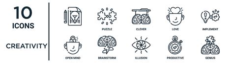 창의성 개요 아이콘 세트에는 얇은 선 영리한 구현 브레인 스토밍 생산적인 천재 보고서 프리젠 테이션 다이어그램 웹 디자인을위한 열린 마음 아이콘이 포함됩니다 개발에 대한