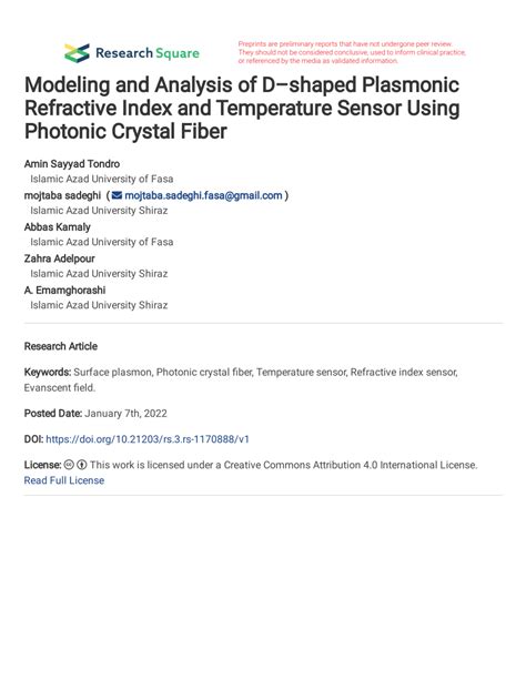 Pdf Modeling And Analysis Of Dshaped Plasmonic Refractive Index And Temperature Sensor Using