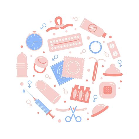 Birth Control Methods Banner Or Card Contraception Colored Flat Icons In Circle With Caption