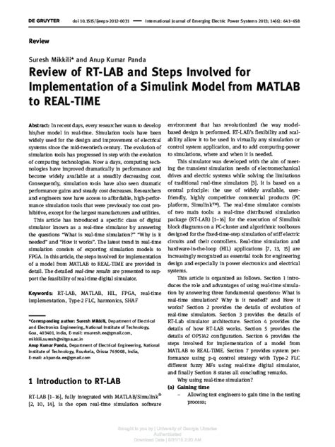 Pdf Review Of Rt Lab And Steps Involved For Implementation Of A Simulink Model From Matlab To