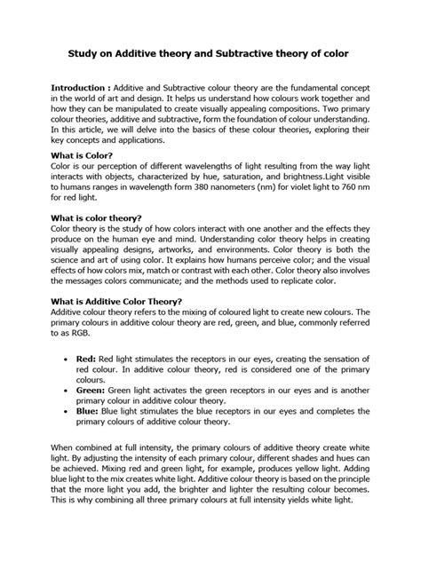 Study On Additive Theory And Subtractive Theory Of Color Pdf Color
