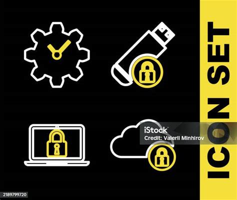잠금 장치가 있는 라인 Usb 플래시 드라이브 클라우드 컴퓨팅 노트북 및 시간 관리 아이콘을 설정합니다 벡터 Usb 케이블에 대한 스톡 벡터 아트 및 기타 이미지 Istock