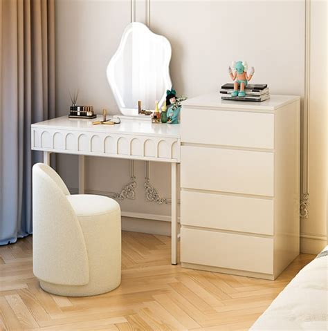 โต๊ะเครื่องแป้งขนาดเล็ก สไตล์มินิมอล สีขาวล้วน กระจกนางฟ้า