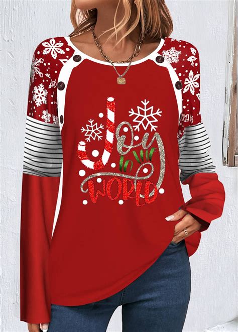 Christmas Print Patchwork Red Long Sleeve Round Neck Sweatshirt In 2024 Round Neck Sweatshirts