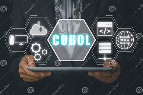 Person Hand Holding Tablet Computer With Cobol Icon On Virtual Screen Stock Image Image Of