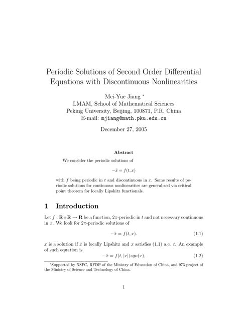 Pdf Periodic Solutions Of Second Order Differential Equations With Discontinuous Nonlinearities