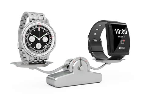 럭셔리 클래식 아날로그 남성용 손목 은색 시계는 흰색 배경에 간단한 가중치 규모에 큰 개념적 스마트 시계 균형을 맞춥니다 3d 렌더링 프리미엄 사진