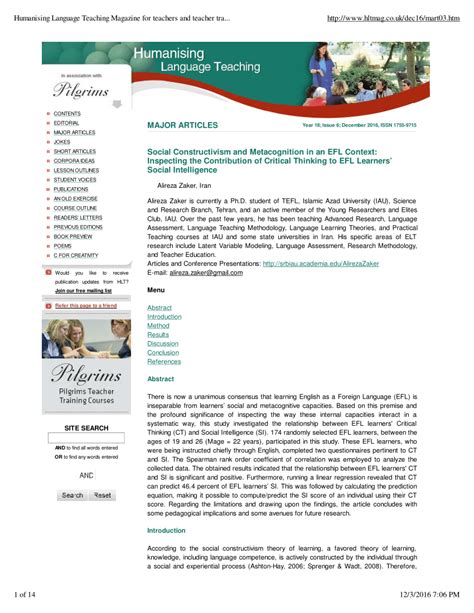 Pdf Social Constructivism And Metacognition In An Efl Context Inspecting The Contribution Of