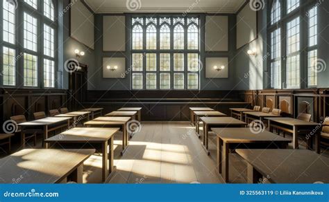 A Large Empty Classroom With Rows Of Desks And A Large Chalkboard