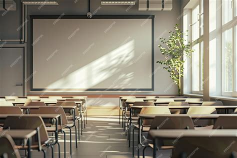 Beige And Gray Classroom Interior With Projection Screen Premium Ai Generated Image