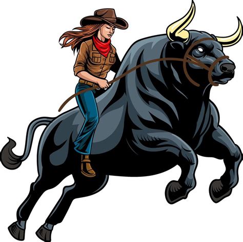 Cowgirl Ranger Riding Bull In Western Vintage Illustration 56702445
