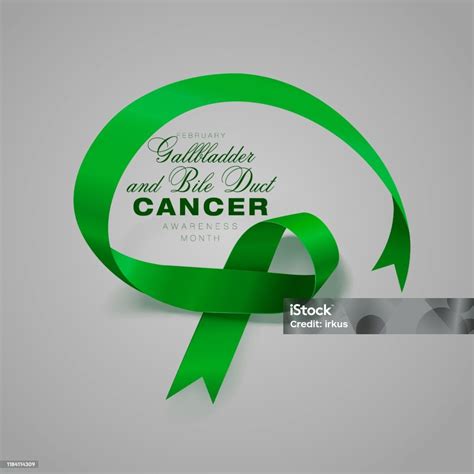쓸개 및 담즙 덕트 암 인식 서예 포스터 디자인 현실적인 켈리 녹색 리본입니다 2월은 담낭과 담관 암 인식의 달입니다 벡터 그림 건강관리와 의술에 대한 스톡 벡터 아트 및