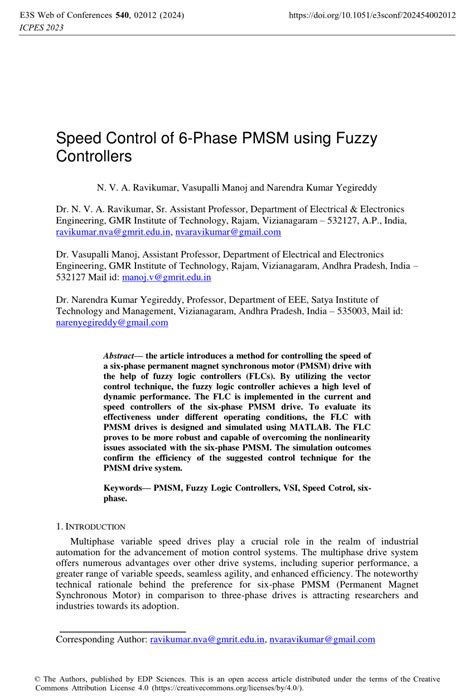 Pdf Speed Control Of 6 Phase Pmsm Using Fuzzy Controllers