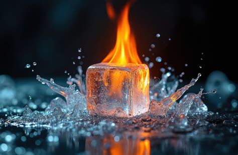 Burning Ice Cube With Water Splash Contrasting Elements Of Fire And