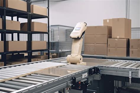 Packaging And Sorting Robot With Boxes Moving From Conveyor Belt To Shelves Stock Illustration