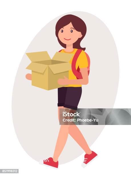 만화 캐릭터 디자인 여성 여자가지고 밝은 얼굴로 빈 종이 상자 걷기에 대한 스톡 벡터 아트 및 기타 이미지 걷기 귀여운