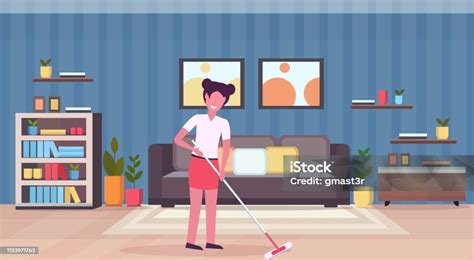 편평한 습식 걸 레 현대 가정 아파트 인테리어 평면 전체 길이 수평을 사용 하 여 걸 레 주부와 거실 바닥을 청소 하는 여자 가구에 대한 스톡 벡터 아트 및 기타 이미지
