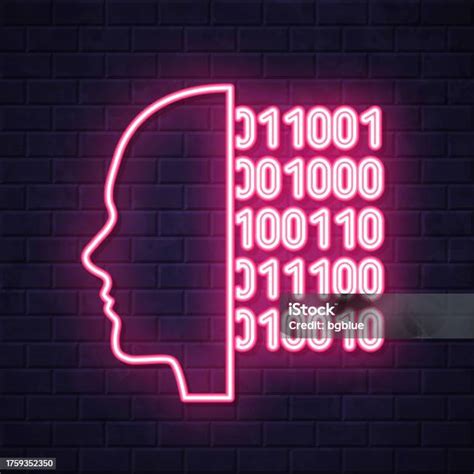 바이너리 코드가 있는 인간의 얼굴입니다 벽돌 벽 배경에 빛나는 네온 아이콘 0에 대한 스톡 벡터 아트 및 기타 이미지 0 1 가상현실 Istock