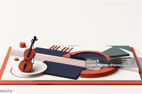 바이올린과 악기 개념 오렌지와 블루 톤의 기하학적 모양 플랫폼의 추상 적 구성 3d 렌더링 개념에 대한 스톡 사진 및 기타 이미지 Istock