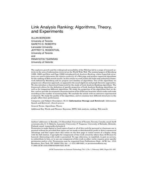 Link Analysis Ranking Algorithms Theory And Experiments