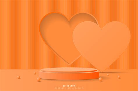 주황색 3d 실린더 연단 받침대는 하트 모양의 창과 덮개 배경 구체 공으로 사실적입니다 판촉을 위한 발렌타인 데이 장면과 제품 광고 3d 벡터 기하학적 플랫폼 설계 3차원
