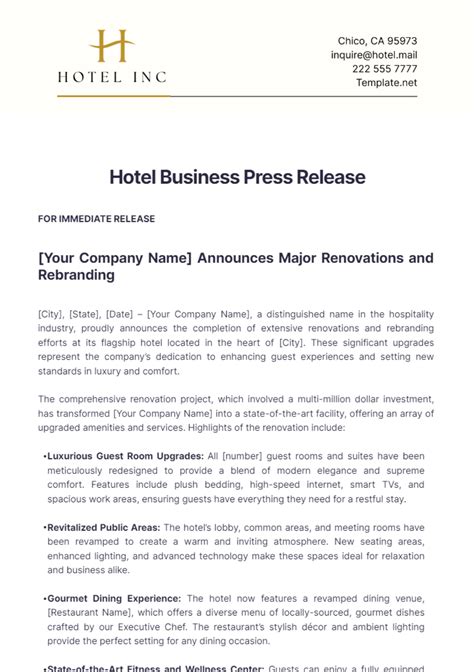 Free Hotel Business Press Release Template To Edit Online