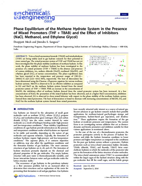 Pdf Phase Equilibrium Of The Methane Hydrate System In The Presence Of Mixed Promoters Thf