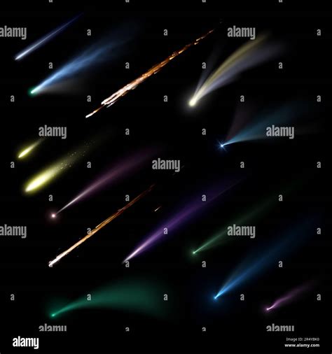 Set Of Meteorites Asteroids Comets Meteors Isolated On A Black