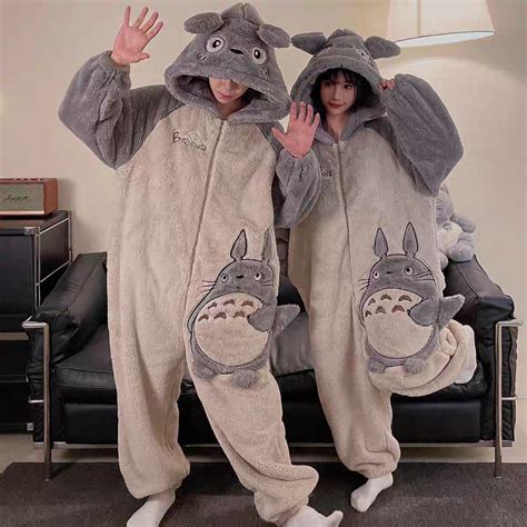 Light Gray Totoro Hooded Thicked Onesie Pajama For Couples Matching
