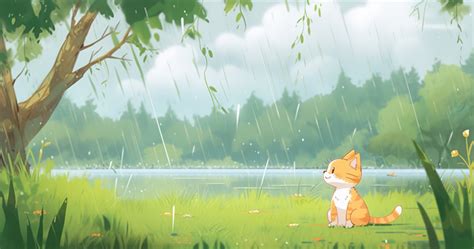 春季细雨下坐在河边的小橘猫插画图片素材下载 jpg格式 熊猫办公