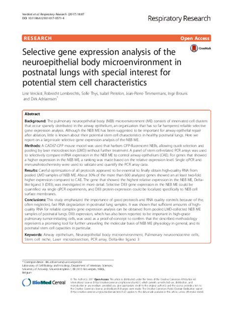 Pdf Selective Gene Expression Analysis Of The Neuroepithelial Body