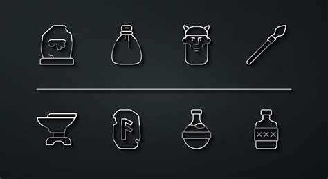 세트 라인 마법 룬 대장장이를 위한 모루 중세 창 물약이 든 병 오래된 돈 가방 위스키 병 및 바이킹 머리 아이콘 벡터 가방에