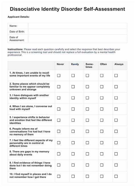 Dissociative Identity Disorder Worksheets