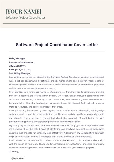 Free Software Project Coordinator Cover Letter Template To Edit Online
