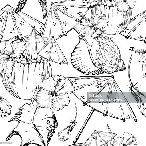 손으로 그린 벡터 잉크 비치 코코넛 칵테일과 종이 파라솔과 히비스커스 원활한 패턴입니다 흰색 배경에 격리 벽 예술 결혼식 인쇄 직물 표지 카드 관광 여행 책자 검은색에 대한