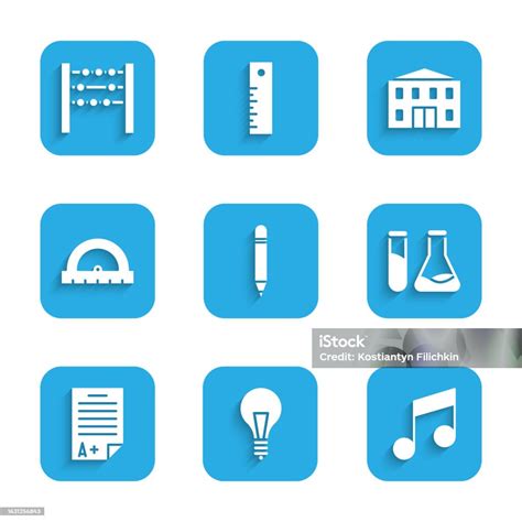 지우개 아이디어의 전구 개념 음표 음색 시험관 및 플라스크 시험지 A 플러스 등급 각도기 학교 건물 및 주판 아이콘으로 연필을