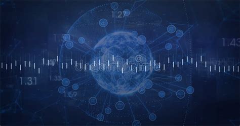Showing Wireframe Globe Pulsing In Interface With Node Icons Connections Waveform Labels