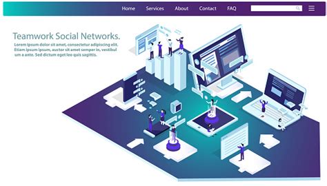 비즈니스 남자와 레이디 팀워크 소셜 네트워크 브레인 스토밍 연락처 노트북 컴퓨터 플랫 3d 등각 배너 웹 사이트 배너 인포 그래픽 템플릿과 통신 3차원 형태에 대한 스톡