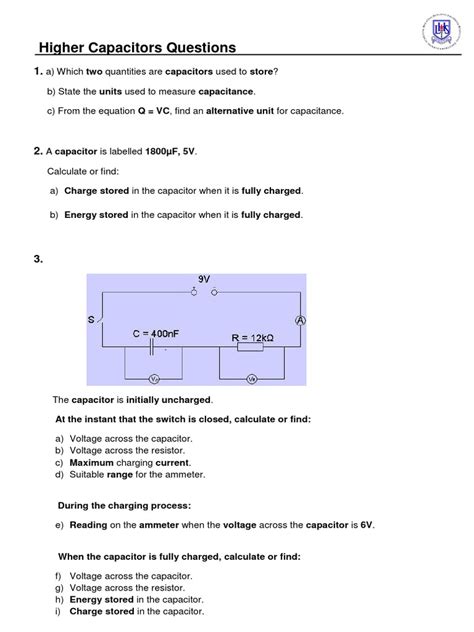 Higher Capacitors Questions At The Instant That The Switch Is Closed Calculate Or Find Pdf
