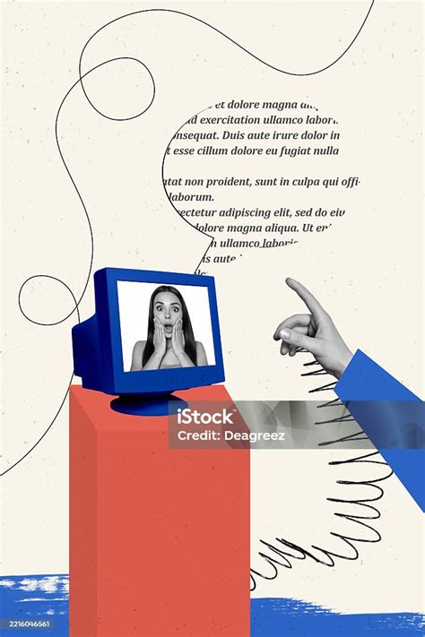 트렌드 아트웍 복합 스케치 콜라주 플랫폼 작업 공간 Tv 컴퓨터 모니터 레이디 와우 얼굴 연설 구름 이야기 텍스트 상자 손가락 포인트 20 24세에 대한 스톡 사진 및 기타
