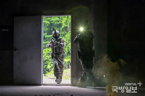 국방사진연구소 도시지역작전훈련에 투입된 육군55사단 기동대대 장병들이 지난 7일 육군특수전사령부 예하 비호부대 시가지 훈련장에서 건물 내부소탕 절차를 숙달하고 있다