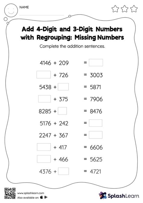 Add 4 Digit And 3 Digit Numbers With Regrouping Missing Numbers Worksheet